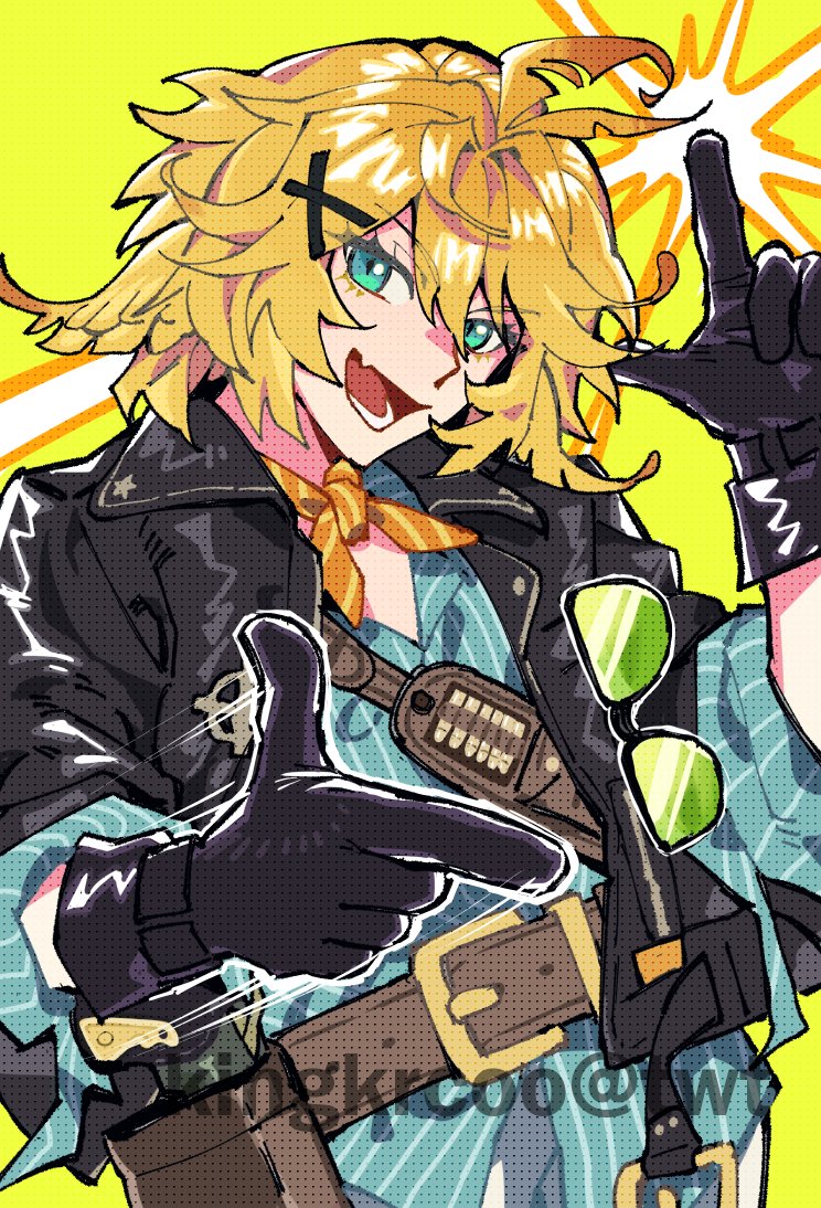 Safebooru - 1girl ahoge aqua eyes aqua shirt belt black gloves black jacket blonde hair dokibird ...