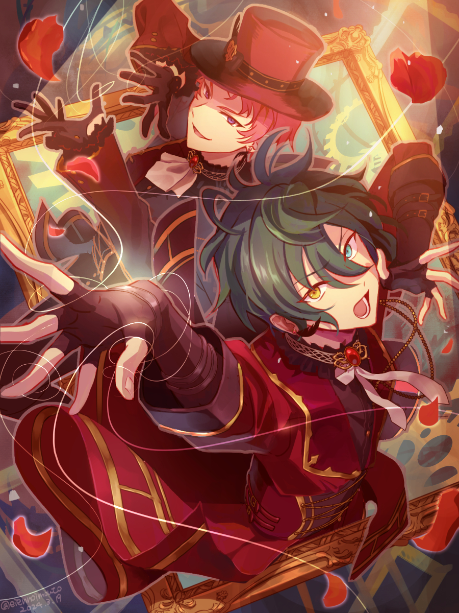 Safebooru - 2boys arm up artist name ascot asymmetrical gloves ...