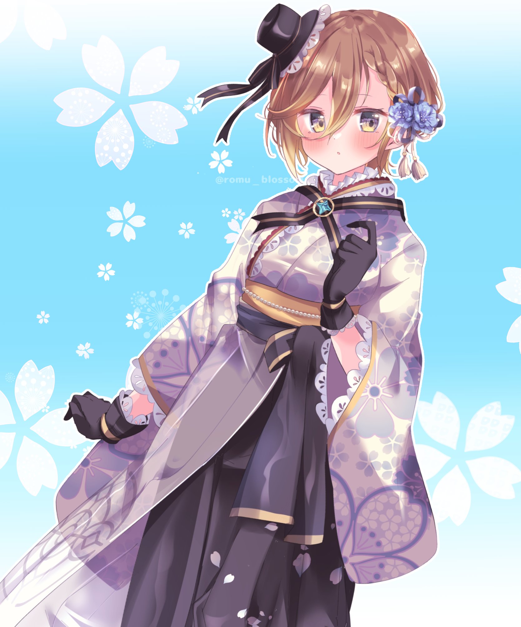 Safebooru - 1girl black gloves black hat blue background blue flower blue kimono blush brown ...