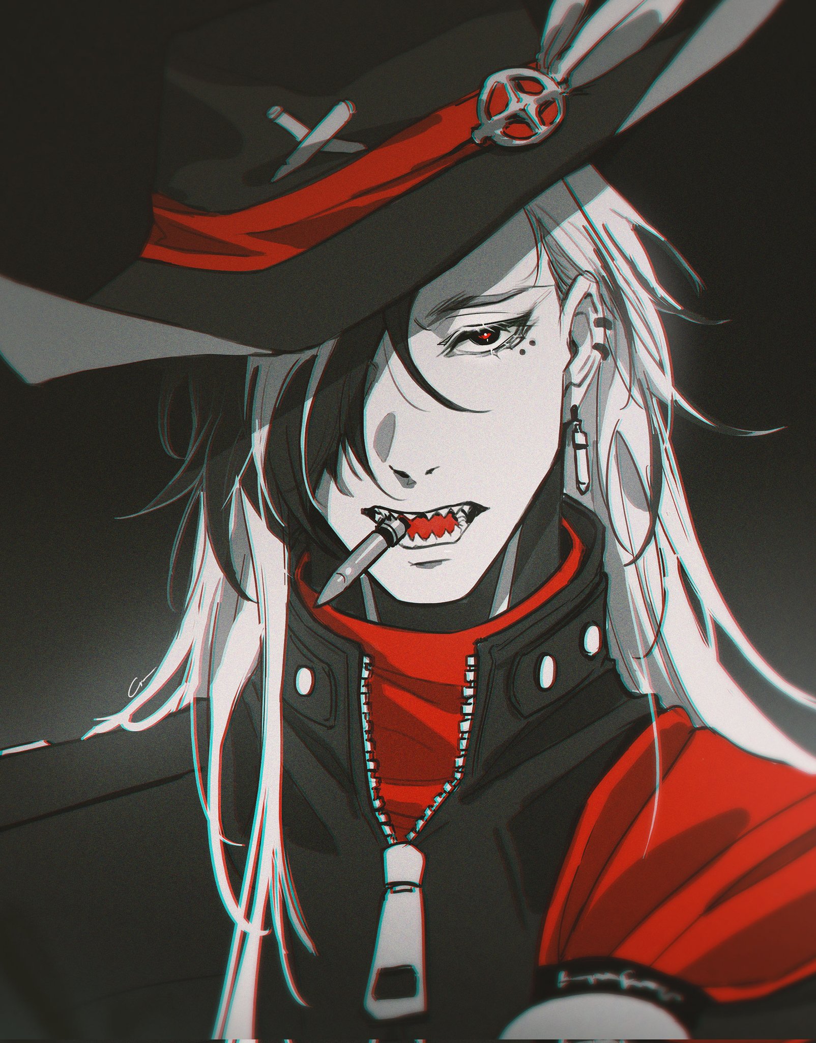 Safebooru - 1boy black hat bullet in mouth crovius ear piercing hair ...