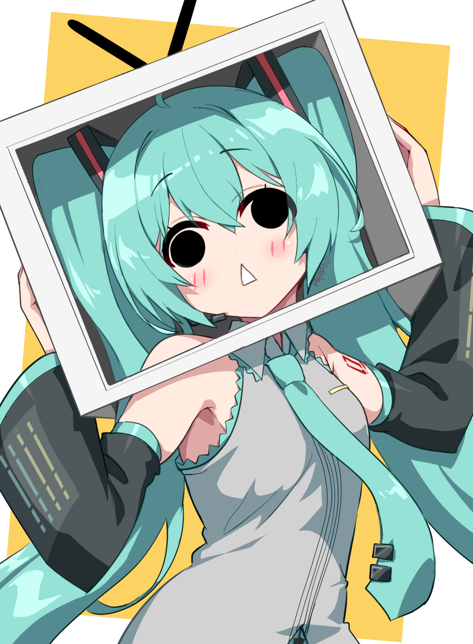 Safebooru - aqua hair aqua necktie black eyes black sleeves blush ...