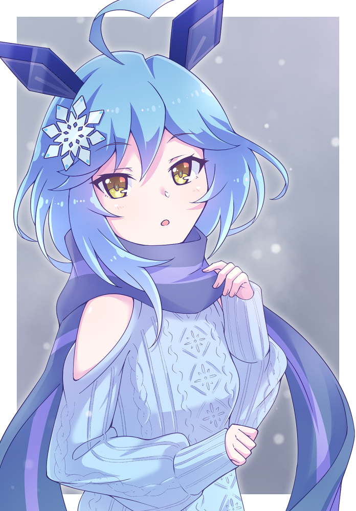 Safebooru - 1girl :o ahoge blue hair border clothing cutout e20 grey background hair ornament ...