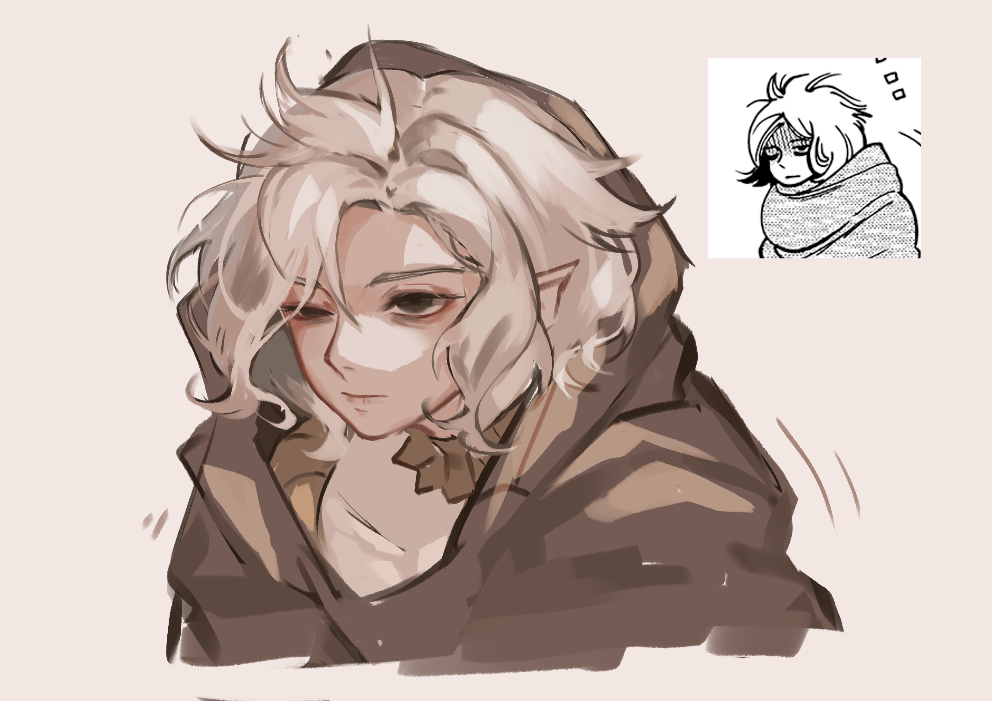 Safebooru - 1boy bags under eyes black eyes blanket brown background dungeon meshi elf grey hair ...