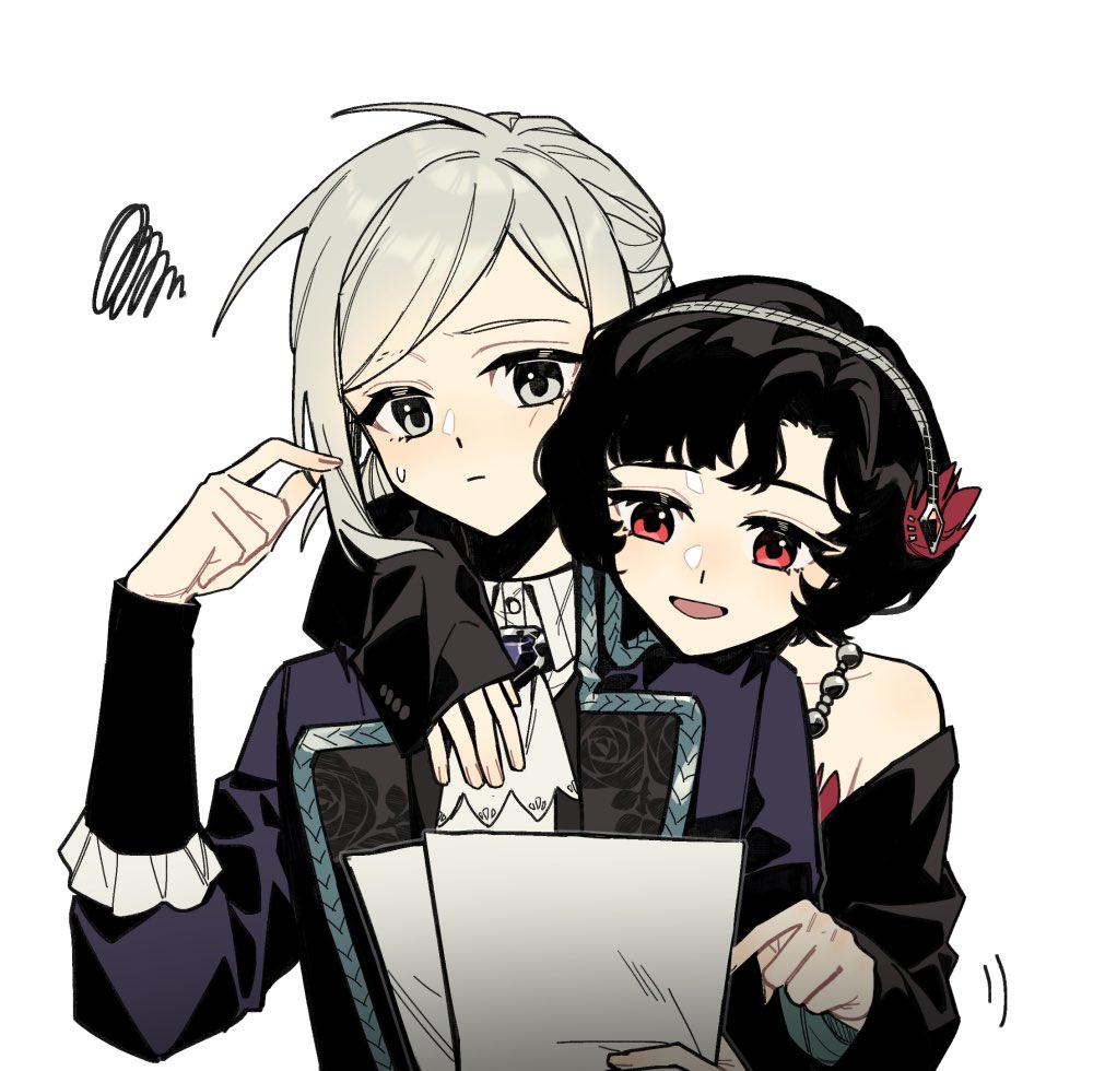 Safebooru - 2girls ascot black hair blush dizzy feather dress feathers grey hair hair bun ...