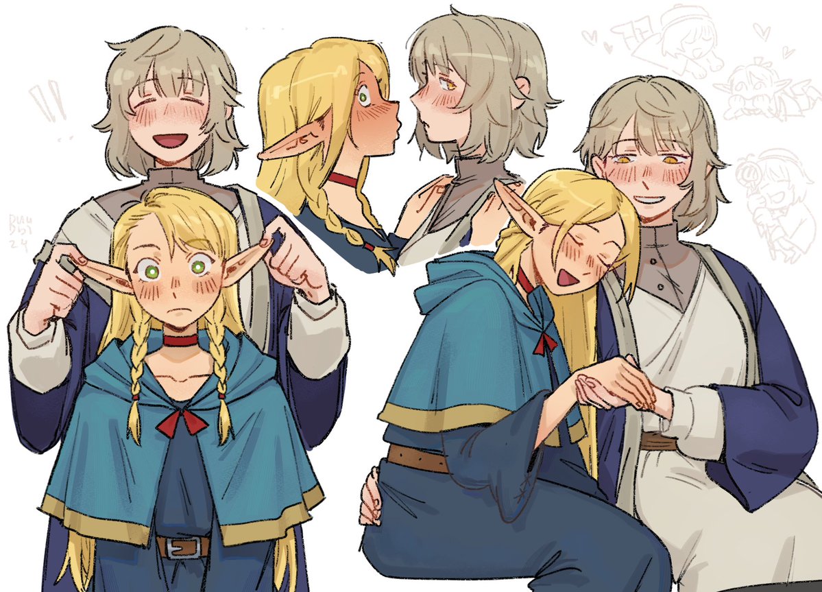 Safebooru - 2girls :d ^ ^ ambrosia (dungeon meshi) belt belt buckle beret blonde hair blue ...