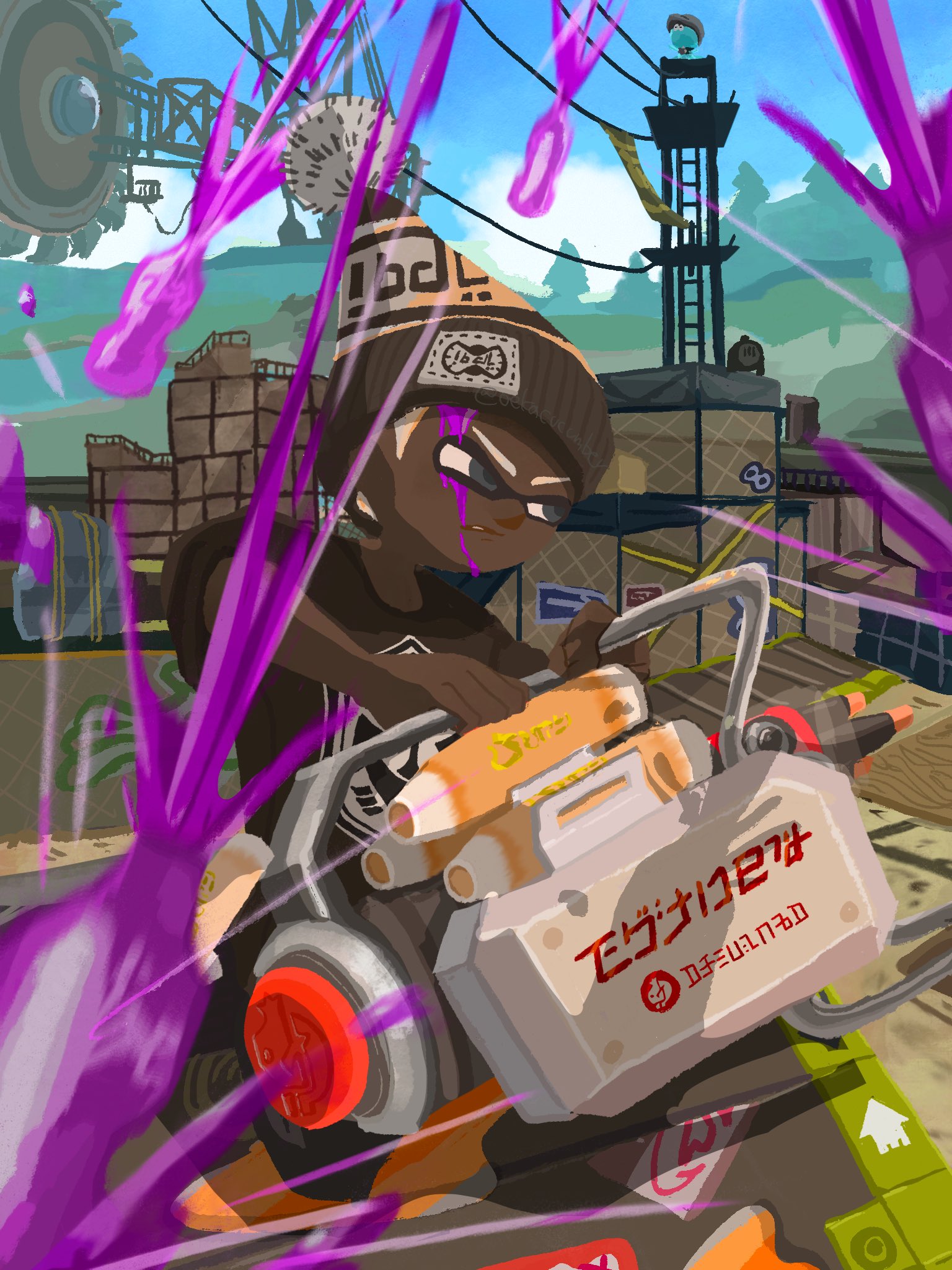 Safebooru - 1boy beanie blue sky bucket-wheel excavator clouds ...