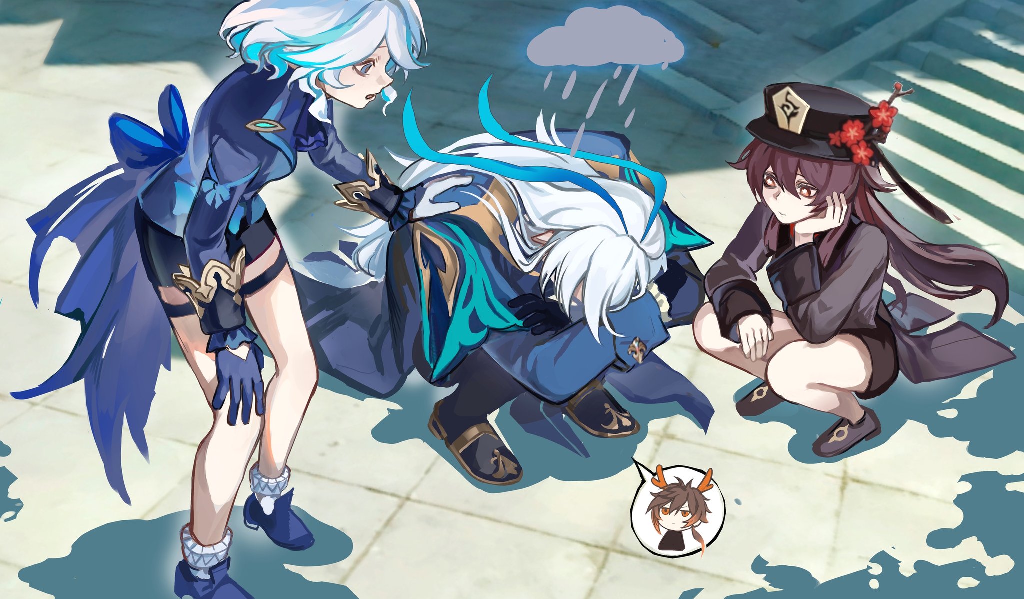 Safebooru - 2boys 2girls ascot asymmetrical gloves back bow black footwear black gloves black ...