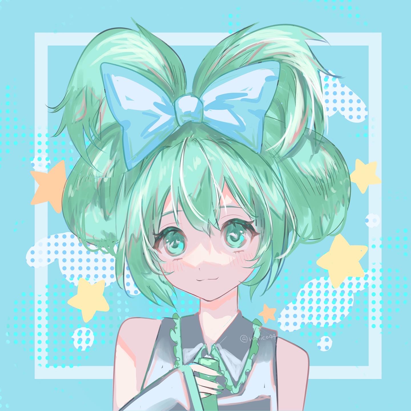 Safebooru - 1girl blue background blue bow bow cinnamiku closed mouth ...