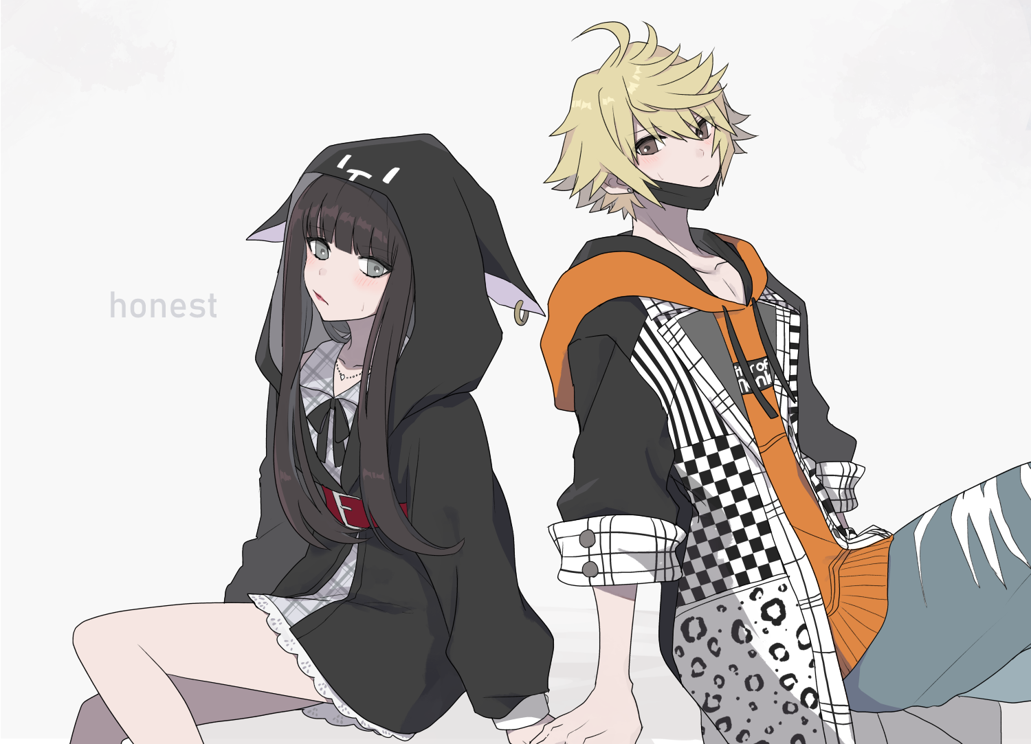 Safebooru - 1boy 1girl ahoge animal hood black hair black jacket black mask blonde hair blunt ...
