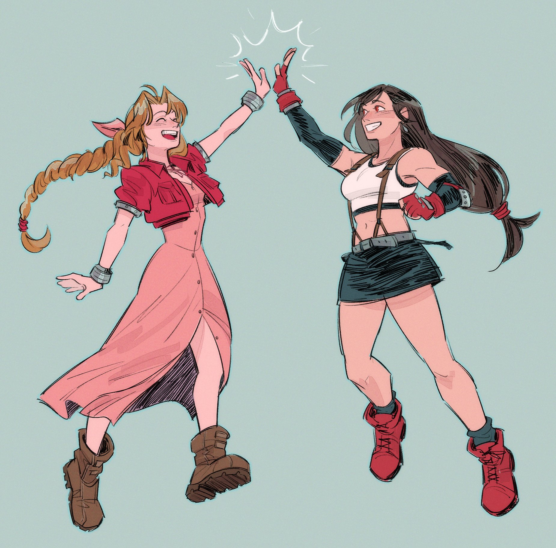 Safebooru - 2girls aerith gainsborough bangle bare shoulders black bra black skirt boots bra ...