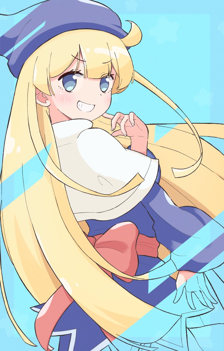 Safebooru - 1girl ahoge back bow blonde hair blue background blue dress blue eyes blue hat bow ...