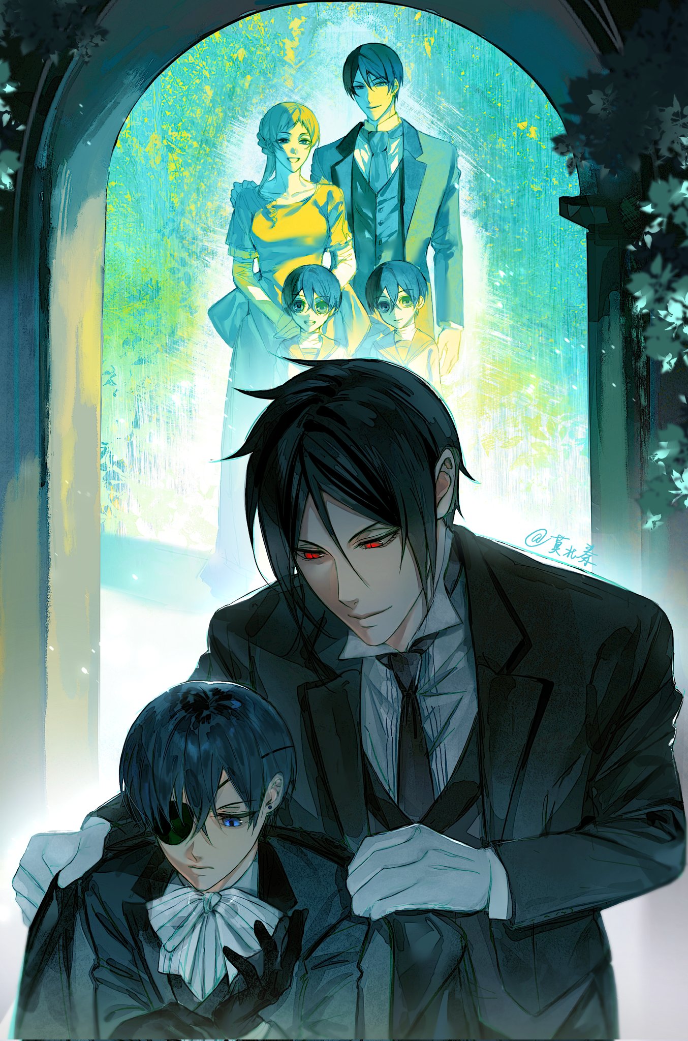 Safebooru - 1girl 4boys adjusting clothes adjusting gloves back bow bishounen black gloves black ...