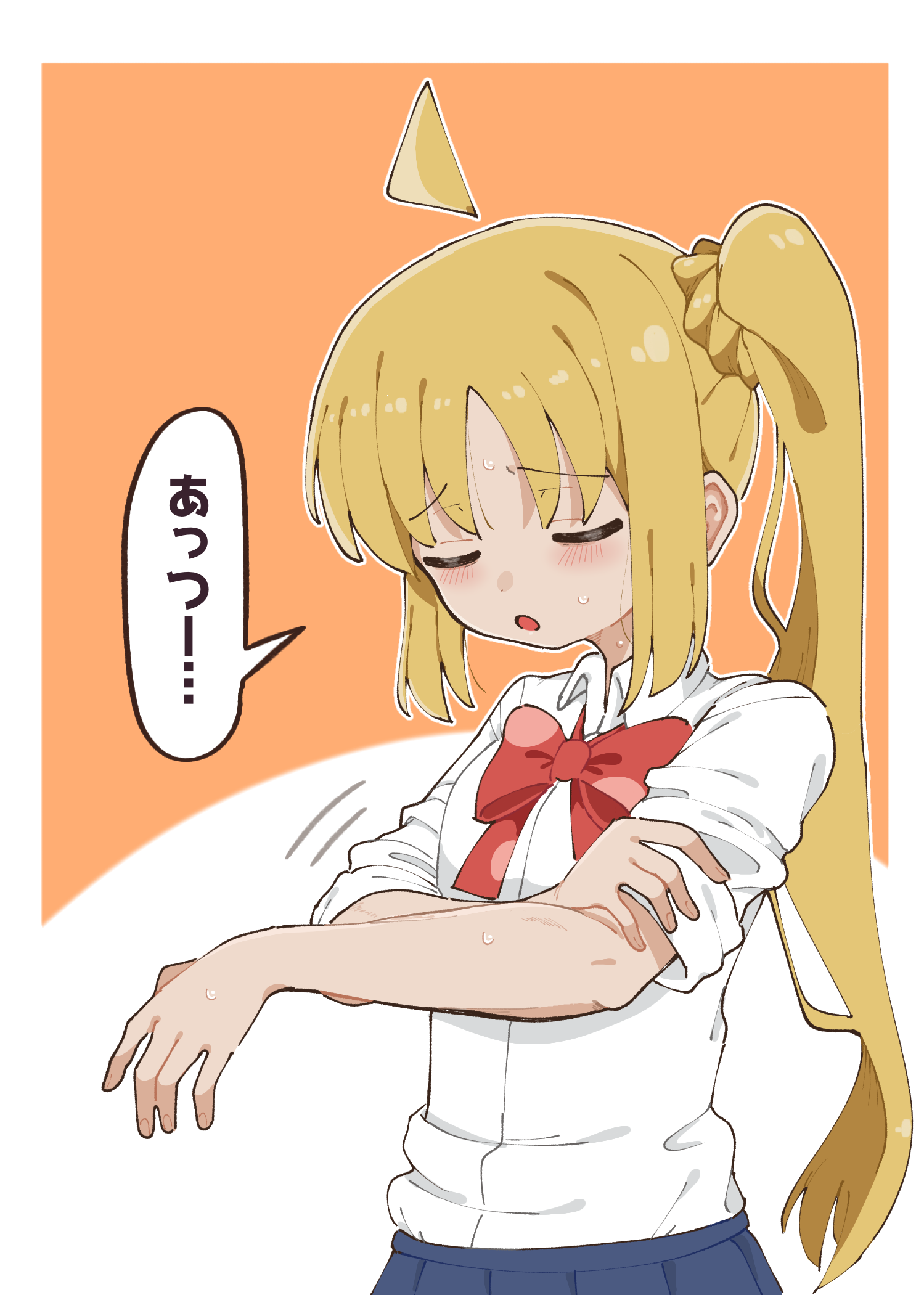 Safebooru - 1girl ahoge blonde hair blue skirt blush bocchi the rock! border bow bowtie chikyuu ...