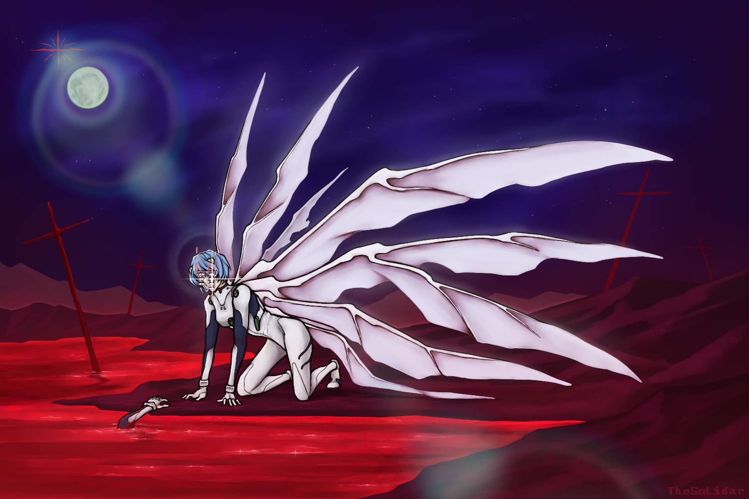 Safebooru - 1girl all fours ayanami rei blood blue hair bodysuit cross english commentary extra ...