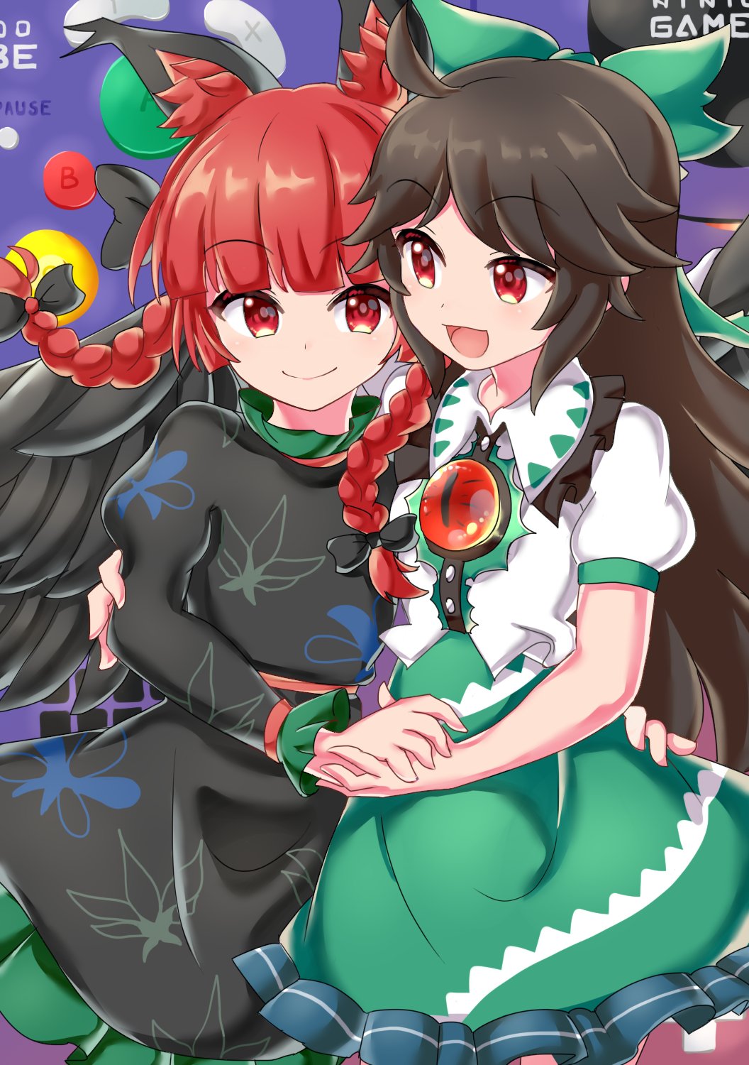 Safebooru - 2girls :d animal ear fluff animal ears black hair bow braid cat ears cat girl closed ...