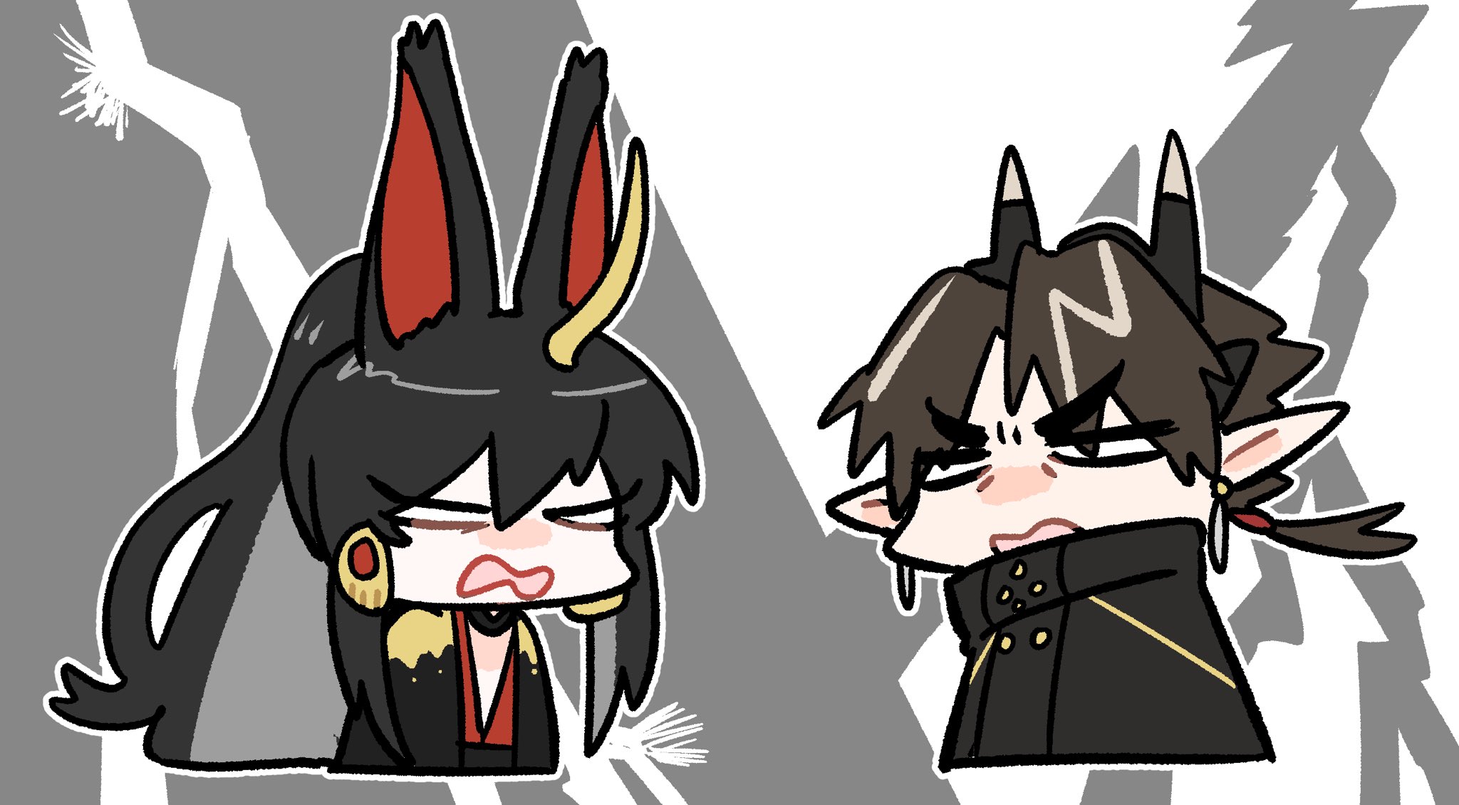 Safebooru - 1boy 1other animal ears arknights black hair blank eyes brown hair chibi chong yue ...