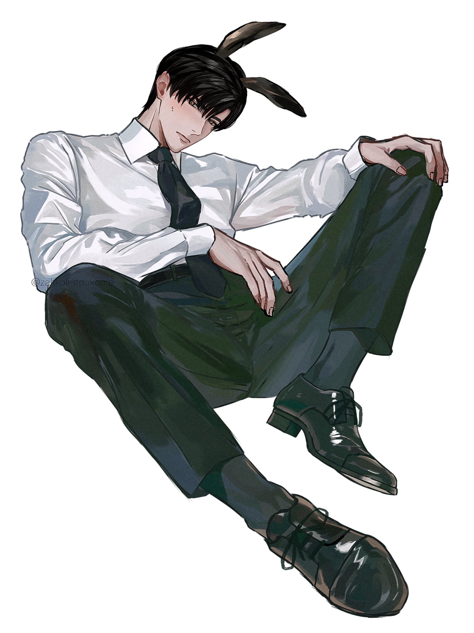 Safebooru - 1boy animal ears black footwear black hair black necktie black pants black shirt ...