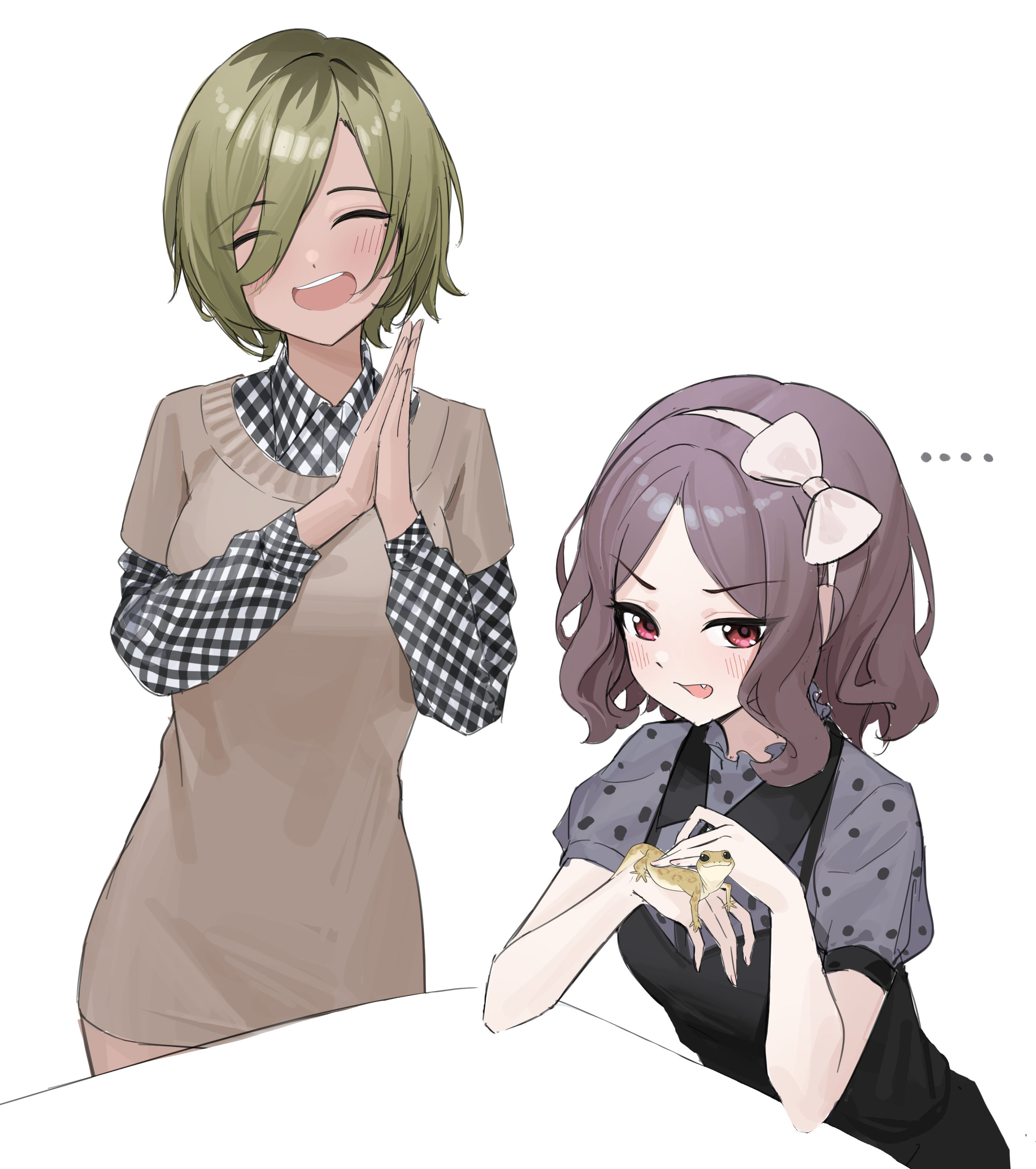 Safebooru - ... 2girls absurdres black shirt blush bow brown hair brown sweater vest commentary ...