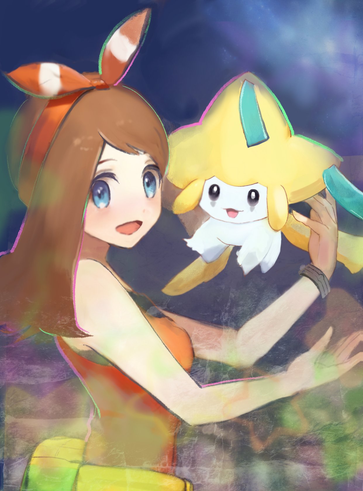 Safebooru - 1girl :d bare shoulders blue eyes bracelet brown hair fanny ...