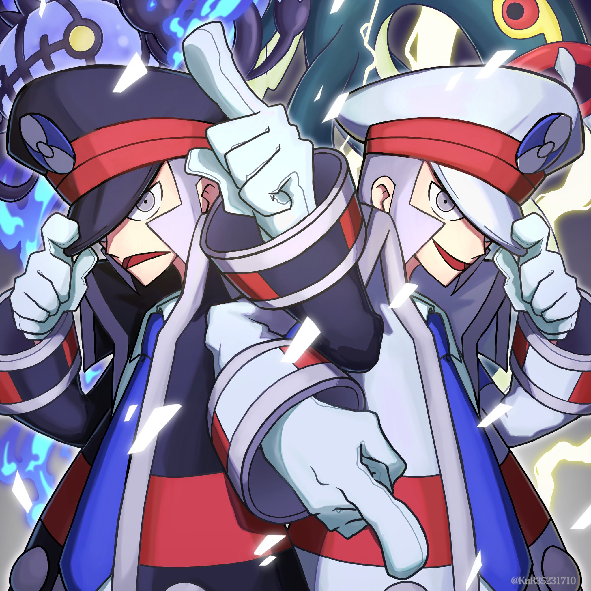 Safebooru - 2boys aruke (gter7727) black coat black hat blue fire ...