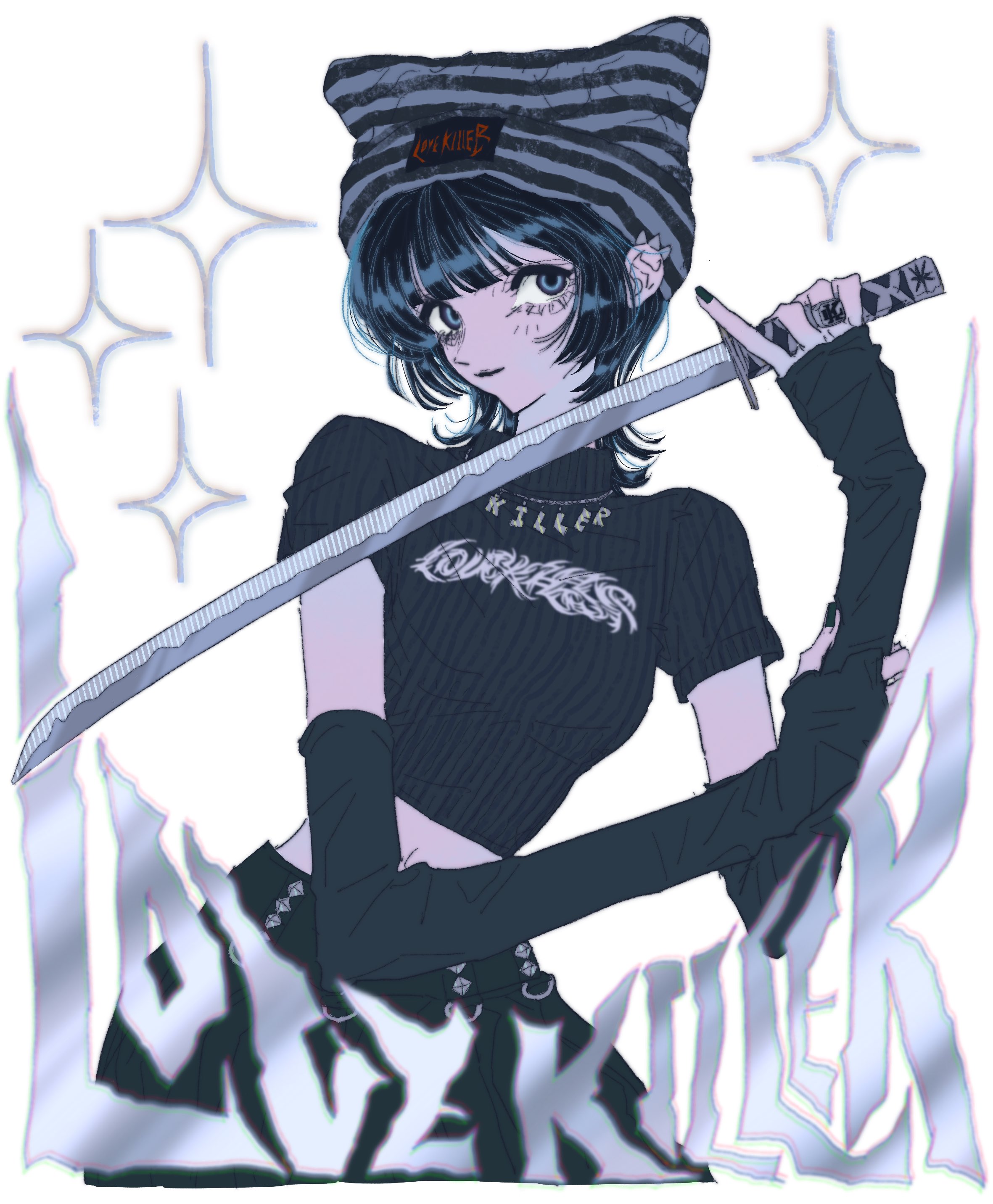 Safebooru - 1girl absurdres beanie black gloves black hair black nails black shirt blue eyes ...