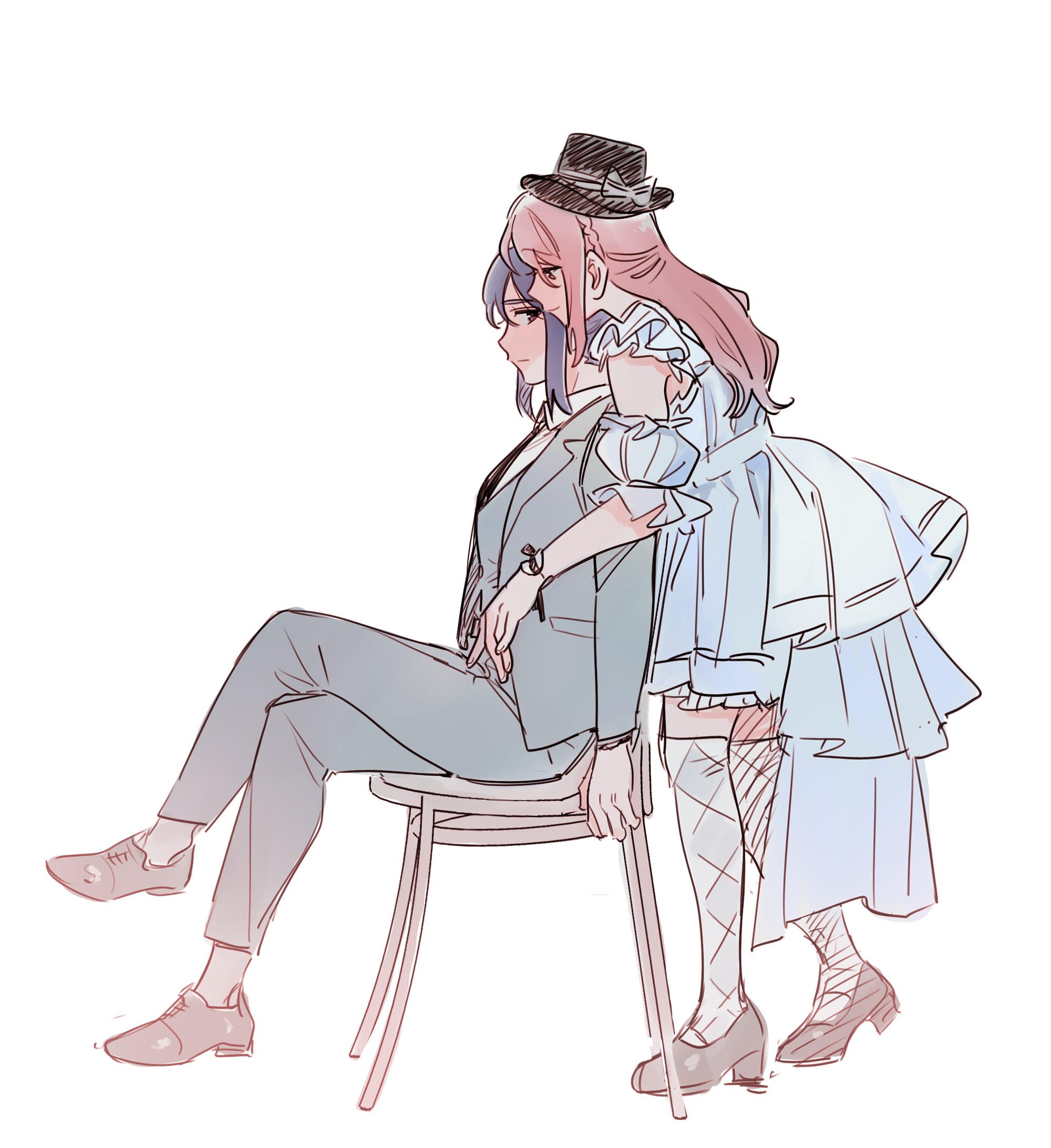 Safebooru - 2girls black footwear black hat black jacket black pants black suit black vest blue ...