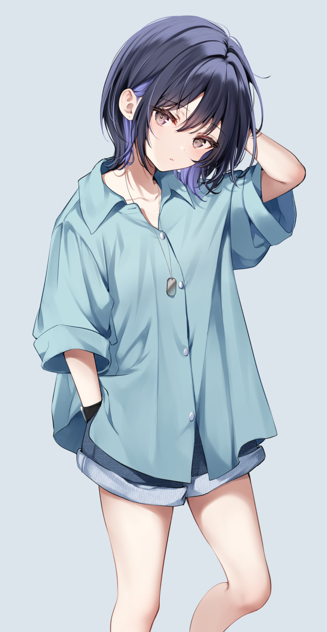 Safebooru - 1girl arm up black hair blue shirt blue shorts blush brown eyes closed mouth ...