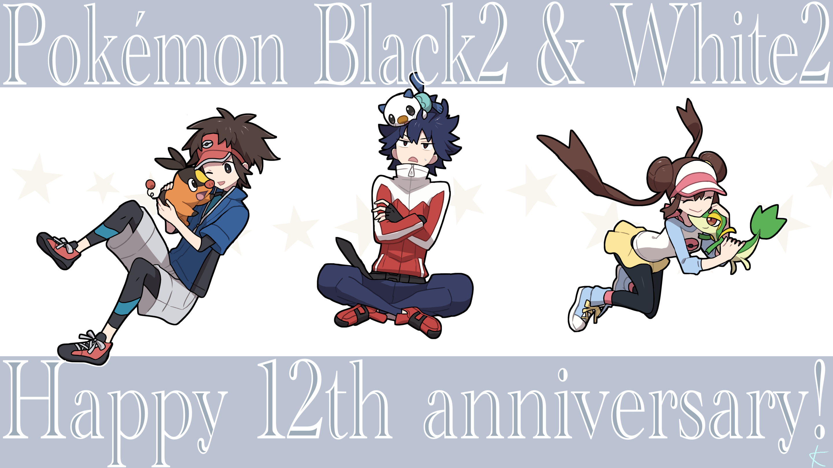 Safebooru - 1girl 2boys ;d anniversary black pantyhose blue footwear blue jacket bodysuit ...