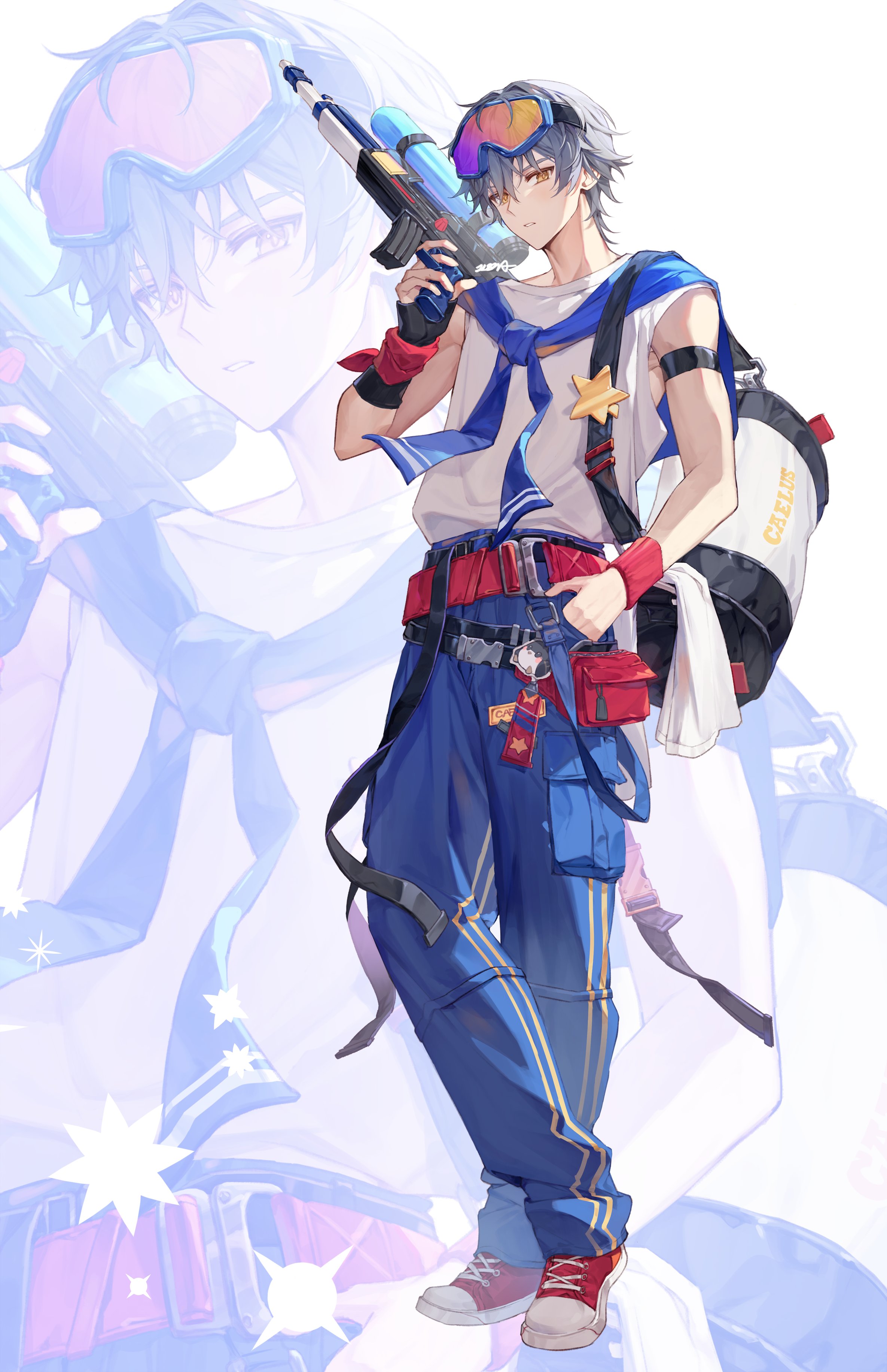 Safebooru - 1boy absurdres alternate costume artist name bag bare shoulders belt black belt ...