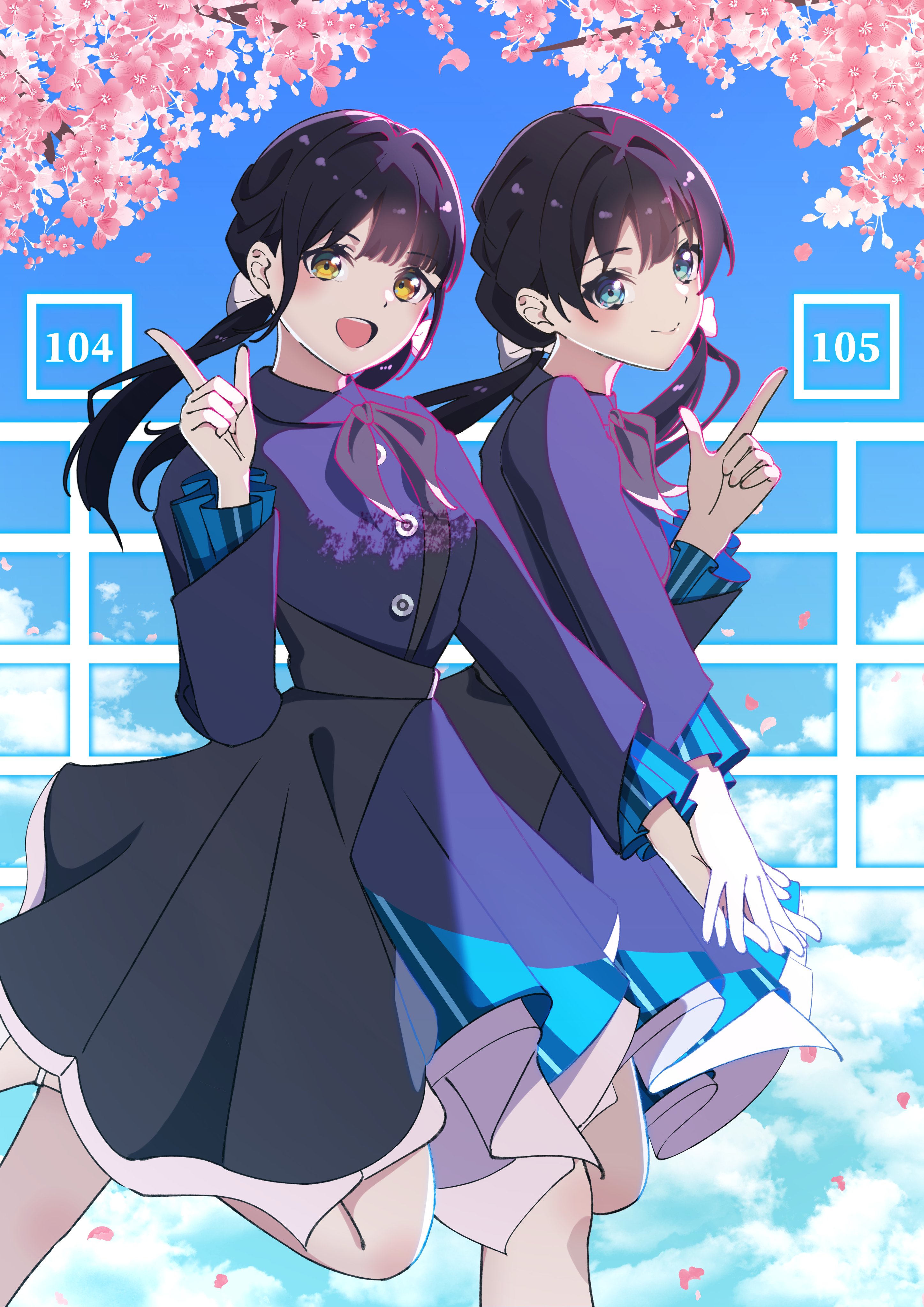 Safebooru - 2girls :d absurdres black dress black hair blue dress blue eyes blue sky bow cherry ...