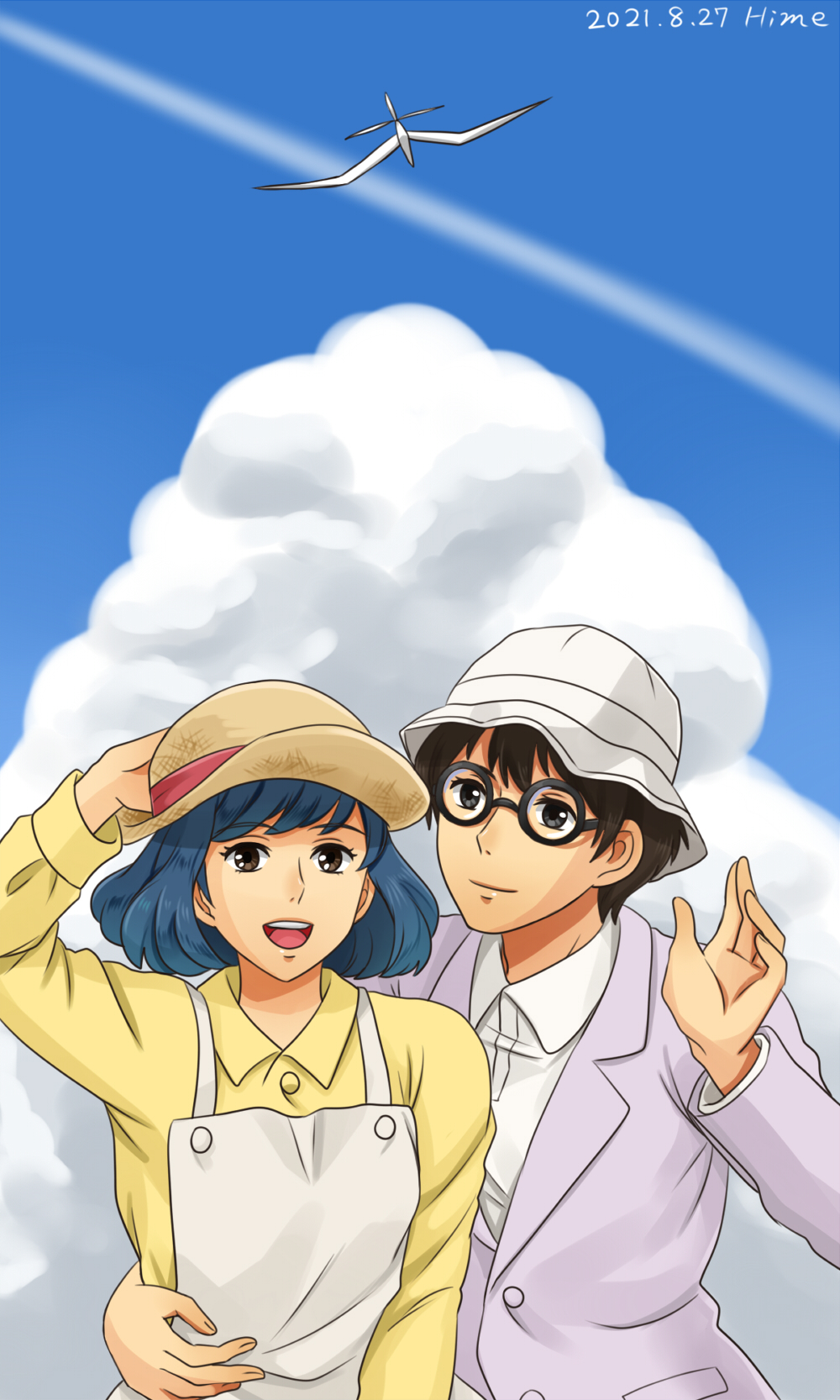 Safebooru - 1boy 1girl :d arm around waist arm up artist name black-framed eyewear black hair ...