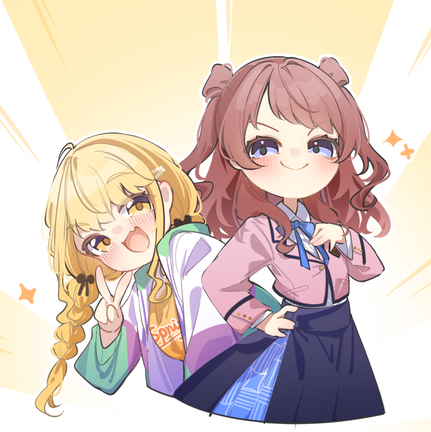 Safebooru - 2girls blazer blonde hair blue overskirt blue ribbon blue skirt blush braid brown ...