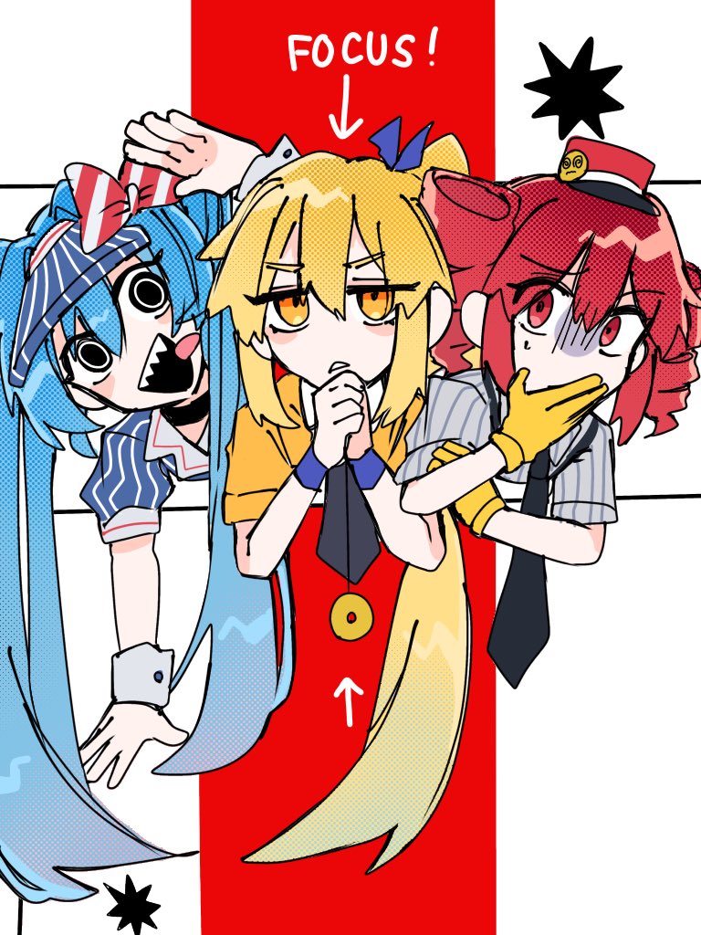 Safebooru - 3girls akita neru black eyes blonde hair blue hair commentary drill hair gloves ...