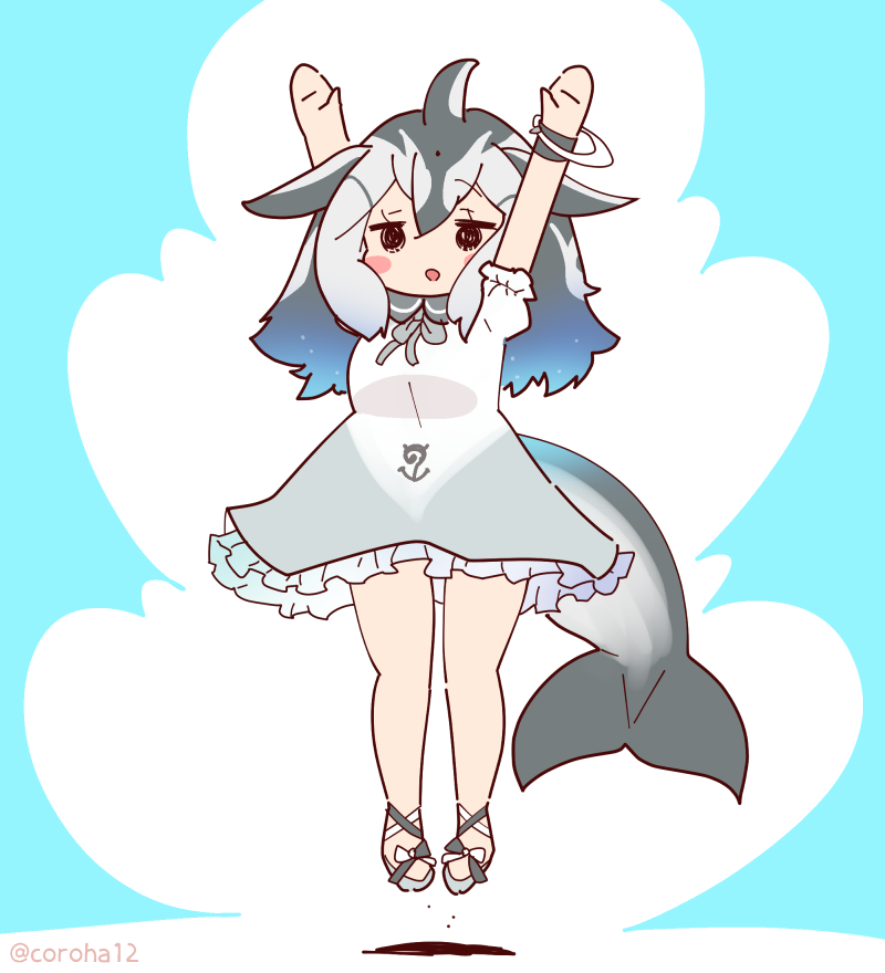 Safebooru - 1girl arms up blue background bow bowtie cetacean tail coroha dolphin girl dress ...