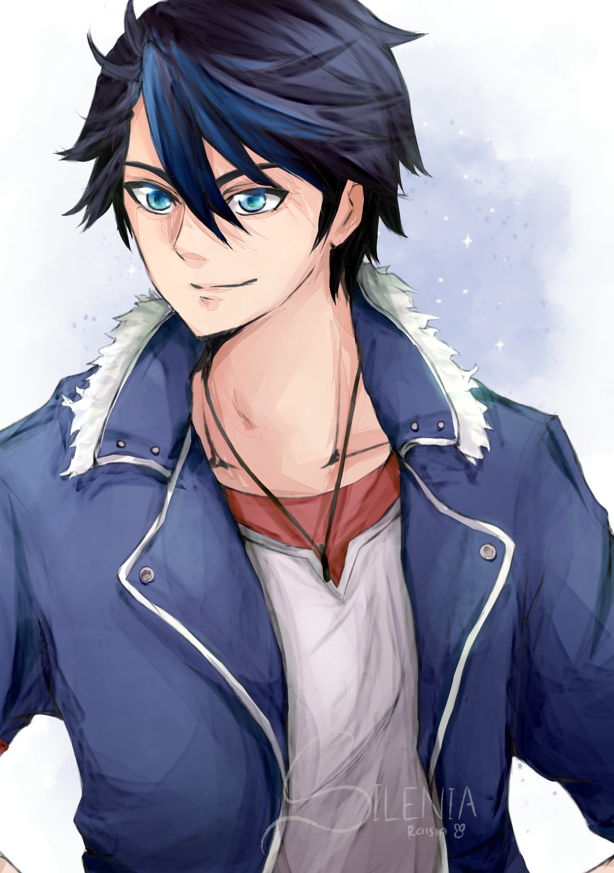 Safebooru - 1boy artist name black hair blue eyes coat eiyuu densetsu fur collar fur trim hair ...