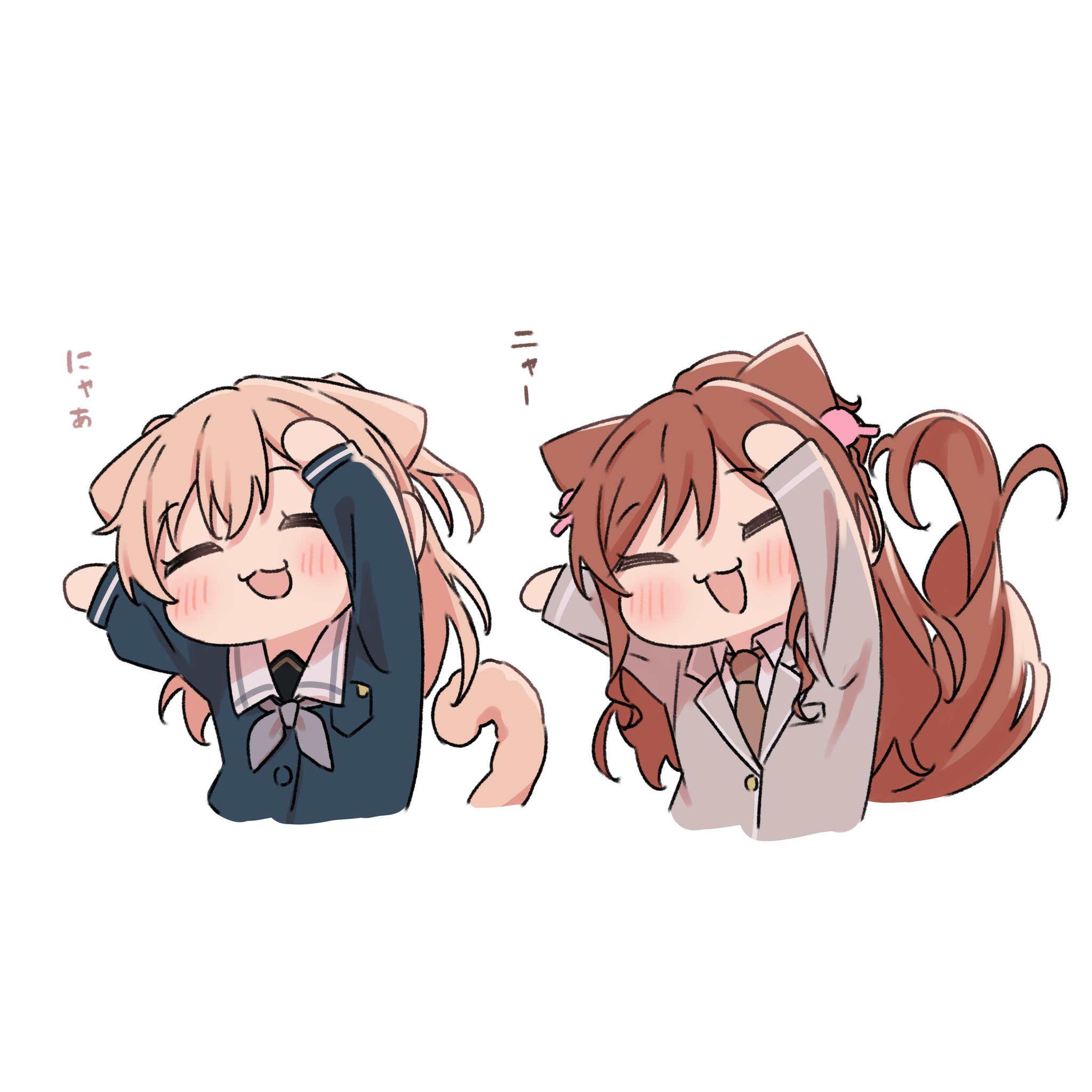 Safebooru - 2girls :3 = = animal ears arms up bang dream! blue shirt blush brown hair brown ...