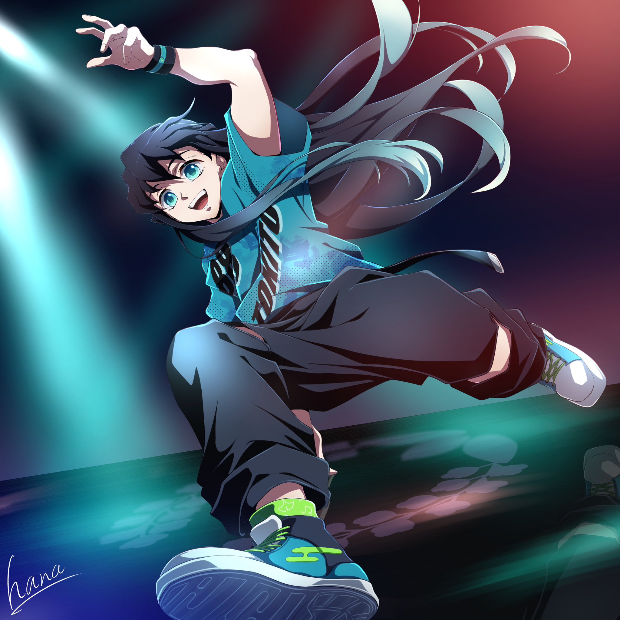 Safebooru - 1boy aqua eyes aqua hair aqua shirt black hair black pants dancing gradient hair ...