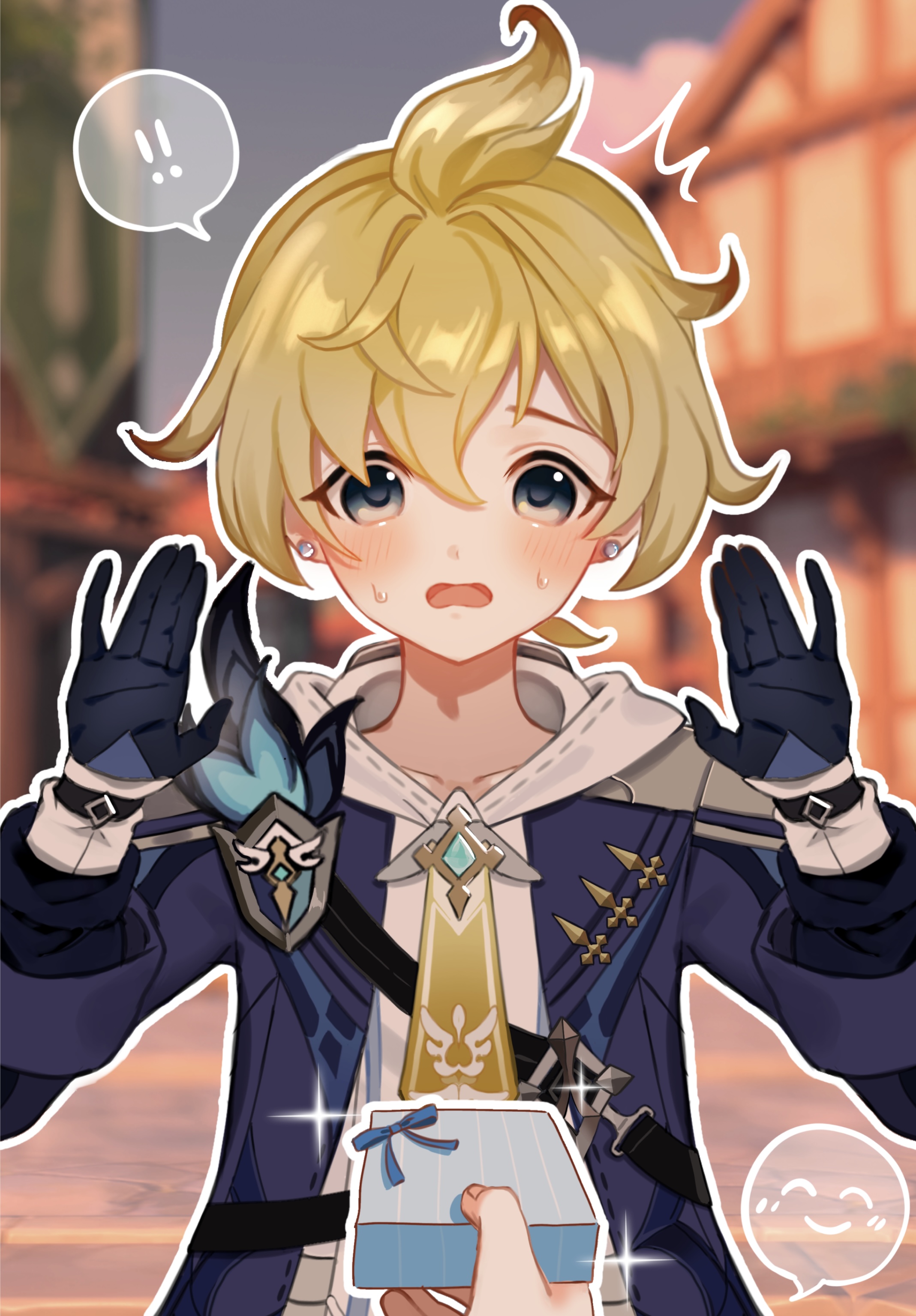 Safebooru - ! !! 1boy ^^^ absurdres ahoge black gloves blonde hair blue eyes blue jacket blush ...