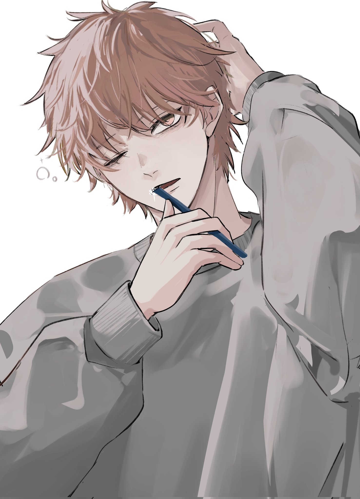 Safebooru - 1boy brown hair brushing teeth commentary request grey ...