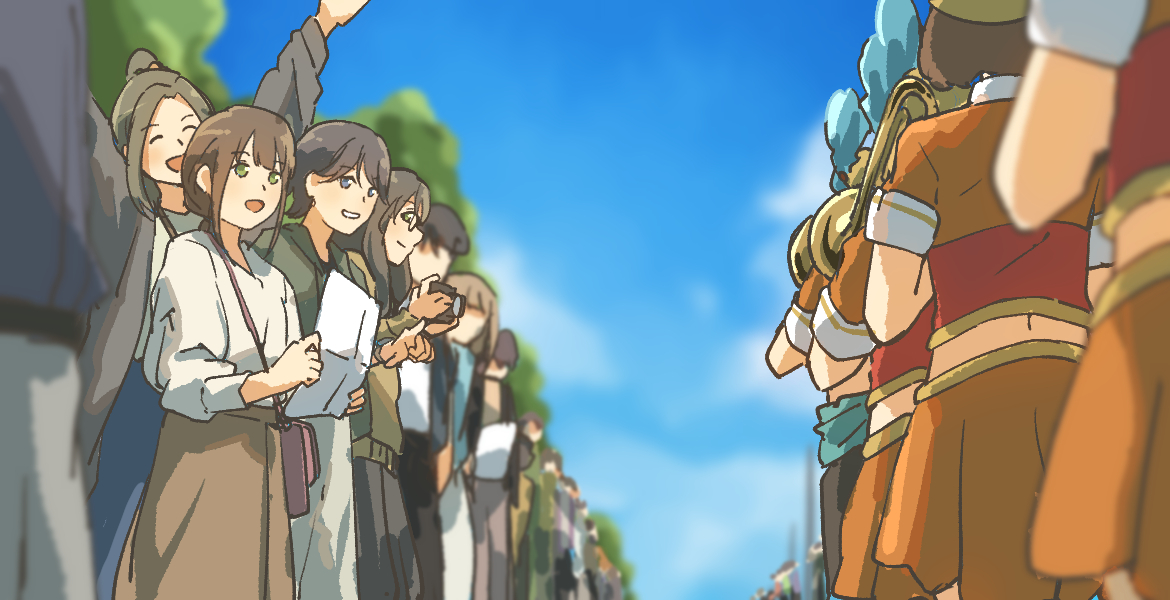 Safebooru - arms up bag band uniform black hair blue eyes blue sky blurry blurry background ...