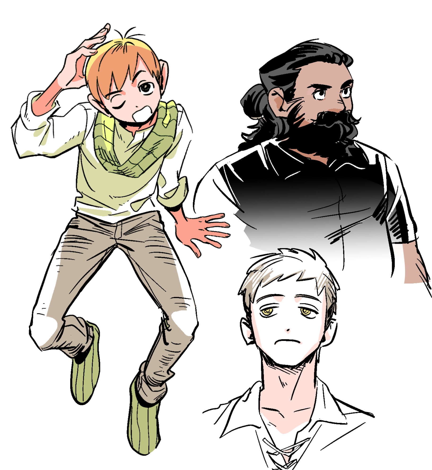 Safebooru - 3boys arm behind head arm up beard beard over mouth black eyes black shirt brown ...