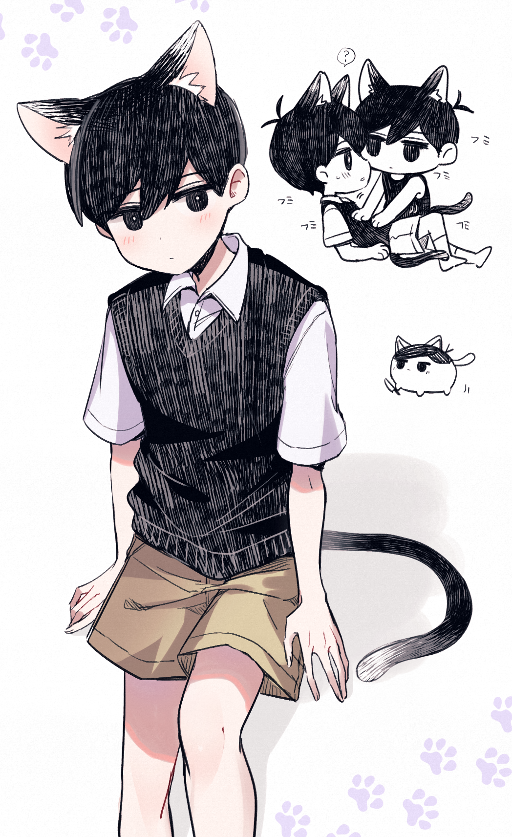 Safebooru - 2boys animal ears black eyes black hair black sweater vest black tank top cat ears ...