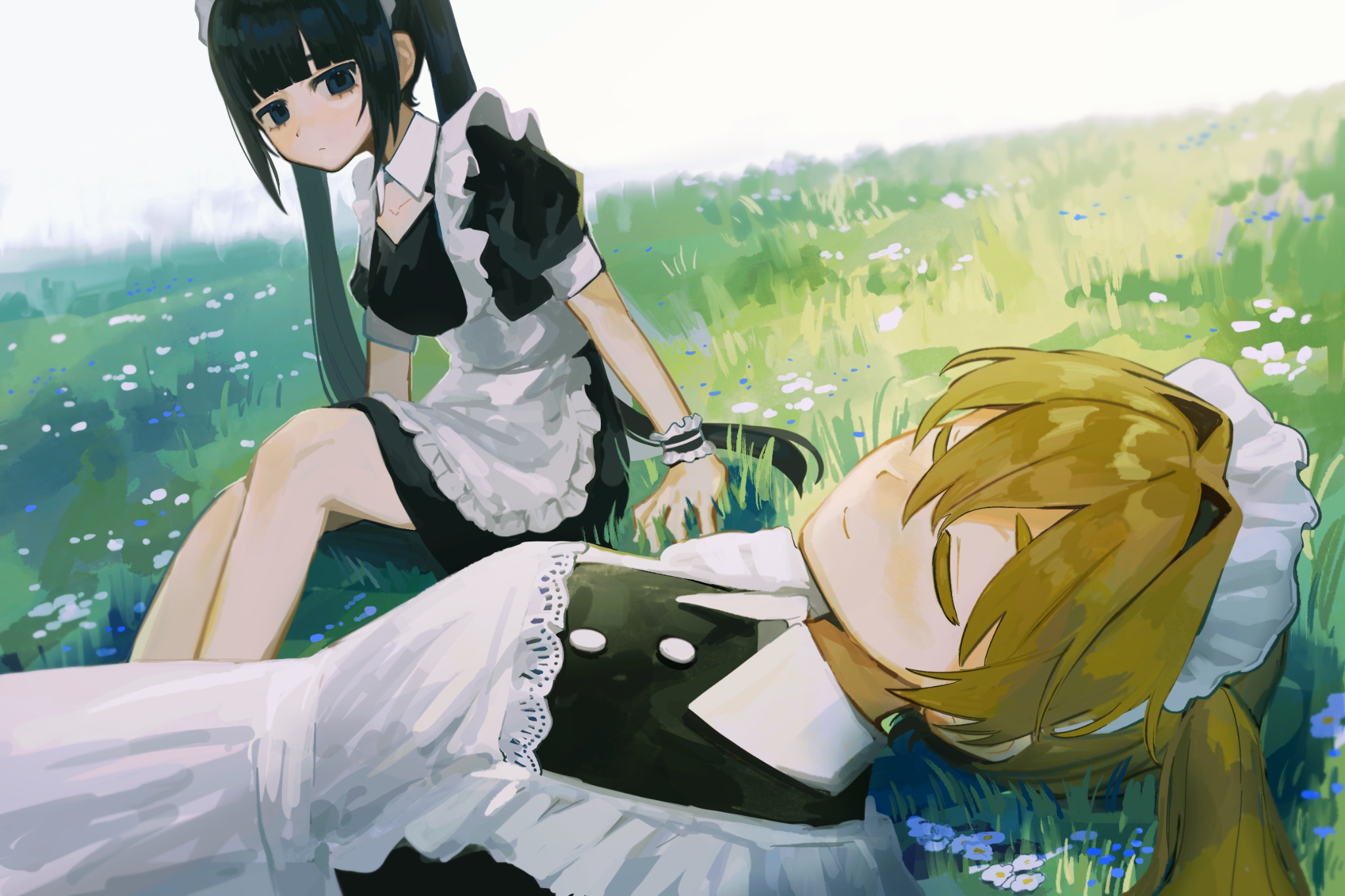 Safebooru - 2girls apron arm rest black dress black eyes black hair blonde hair blunt bangs ...