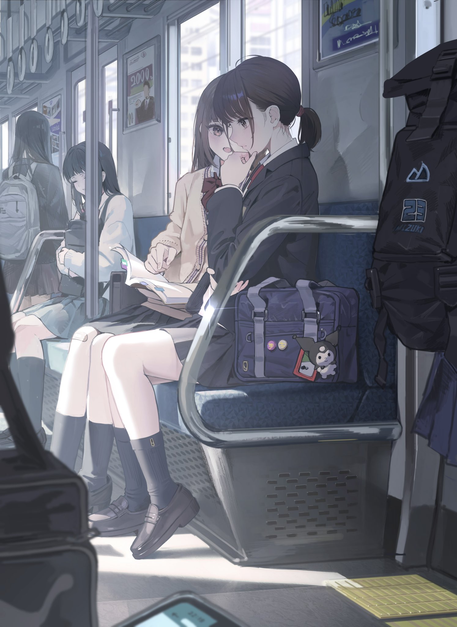 Safebooru - 5girls backpack bag black footwear black hair black jacket black skirt black socks ...