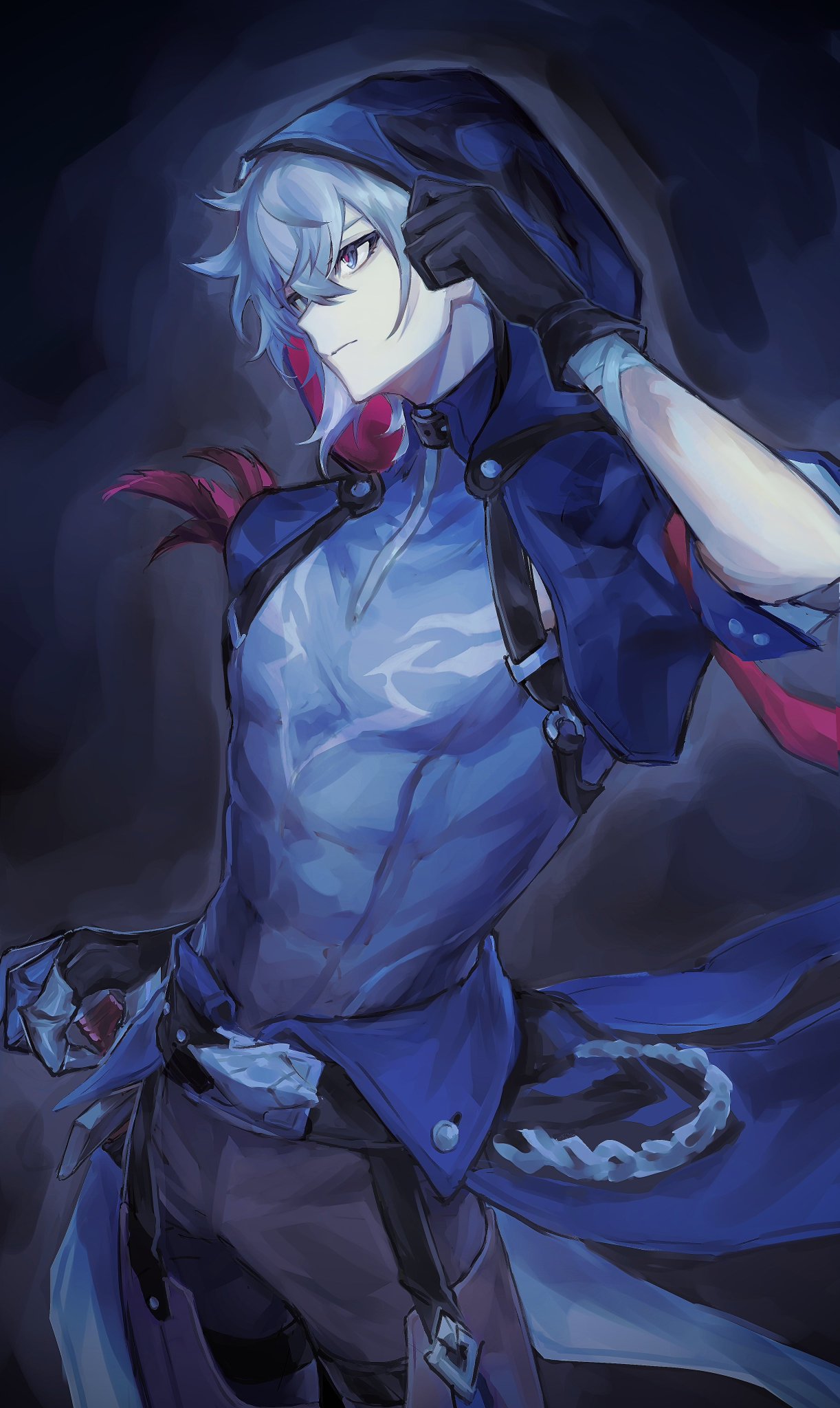 Safebooru - 1boy abs arm wrap armored gloves belt black background black belt black choker black ...