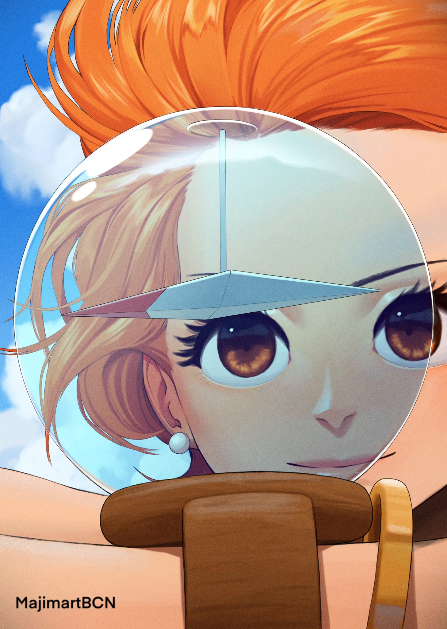 Safebooru - 1girl artist name bangle blue sky bracelet brown eyes close-up closed mouth clouds ...