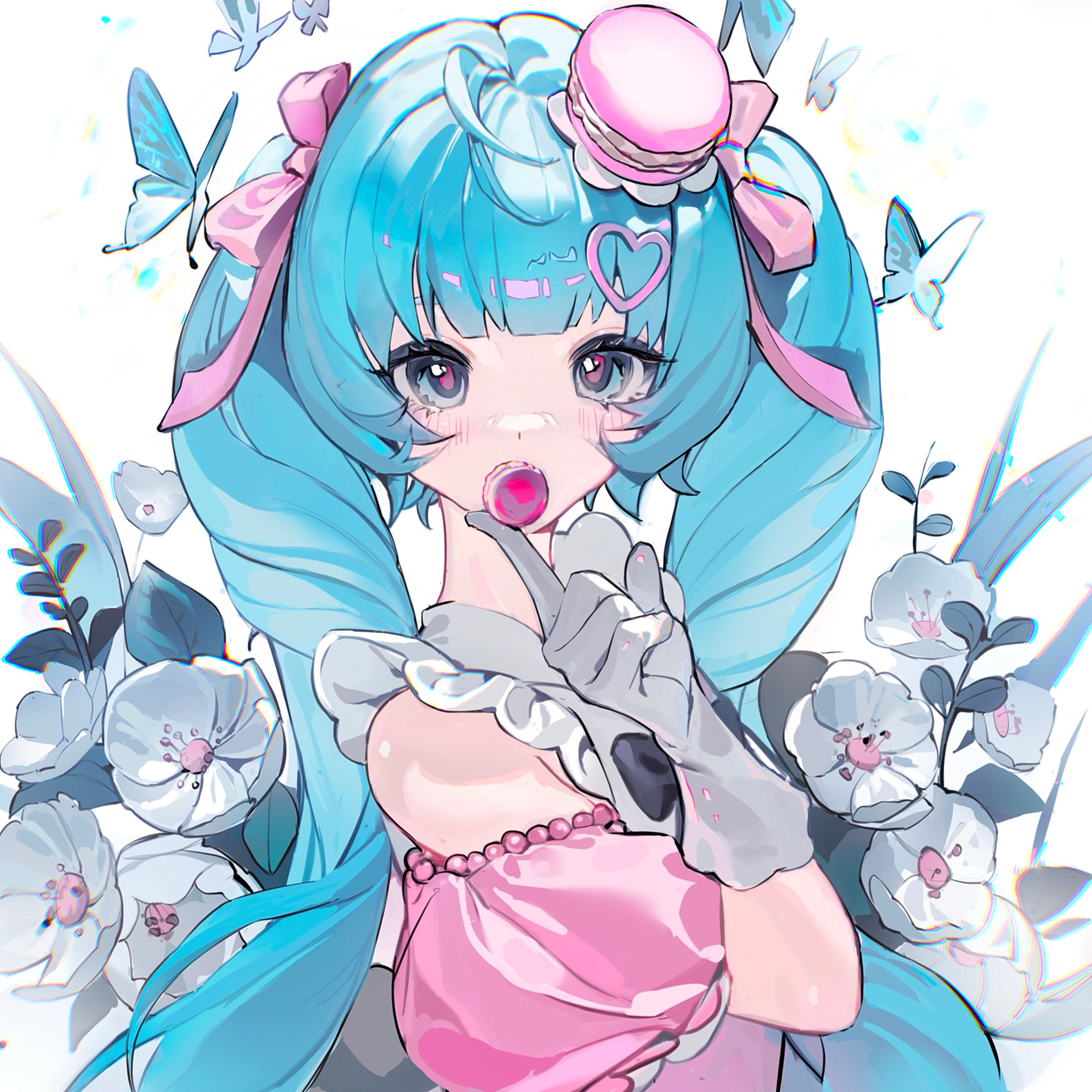 Safebooru - 1girl absurdres aqua bow aqua eyes aqua hair blush bow bowtie bug butterfly detached ...