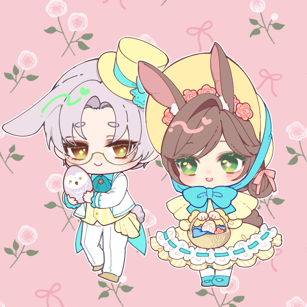 Safebooru - 1boy 1girl animal ears basket blue bow blue bowtie bow ...