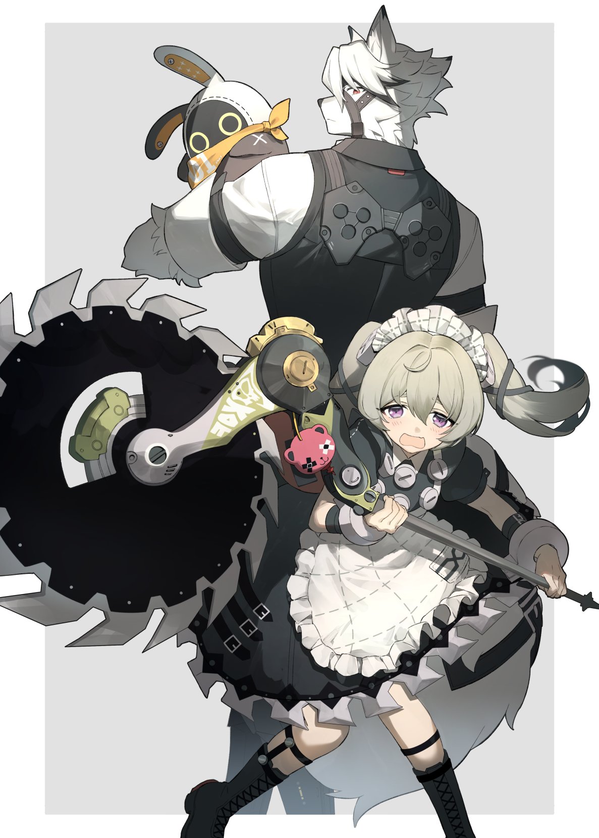 Safebooru - 1boy 1girl animal ears apron bangboo (zenless zone zero) circular saw collared vest ...