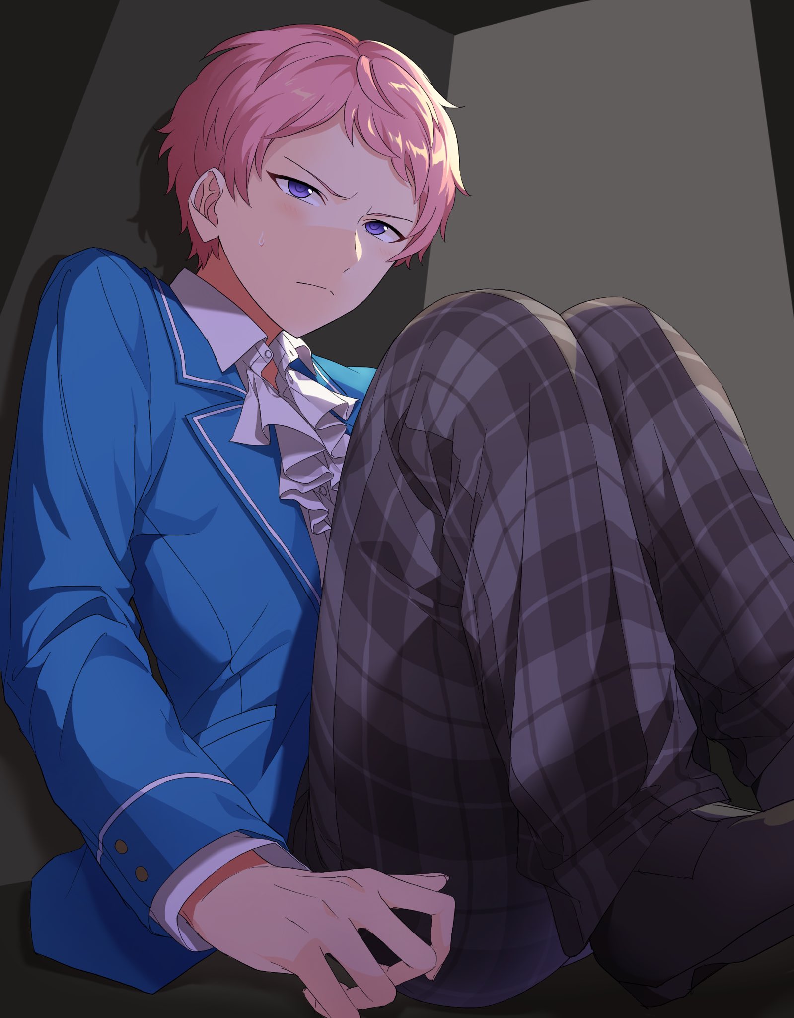 Safebooru - 1boy akari-chan (e) arms at sides ascot black footwear black pants blue jacket ...